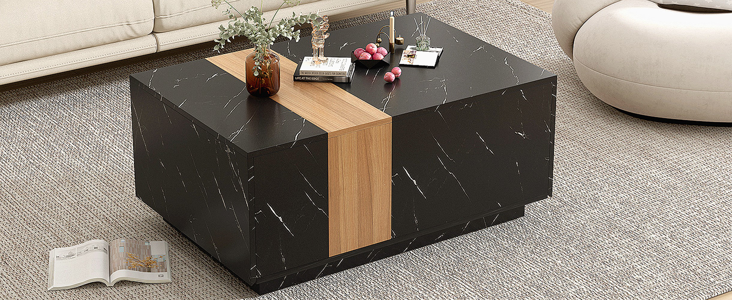 Wrought Studio Modern 35.4 X 23.6 Inch Two-Tone Coffee Table With Faux Marble And Walnut Wood ...