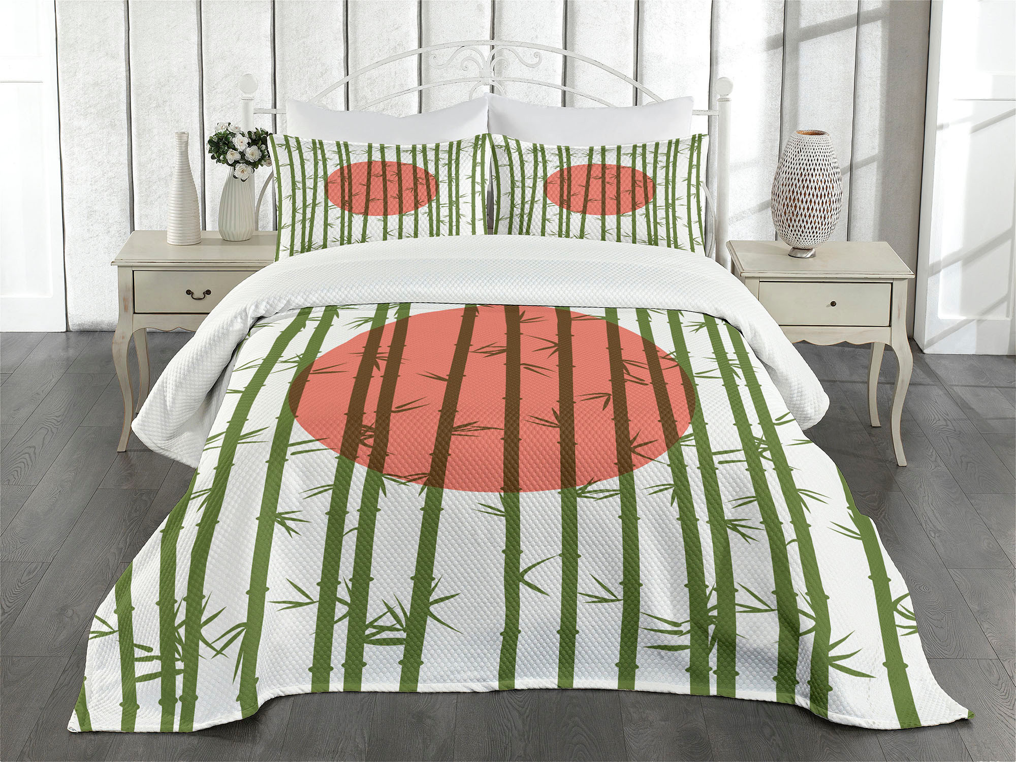 Ambesonne Japanese Bedspread Set Exotic Trees and Sun Asian Salmon ...