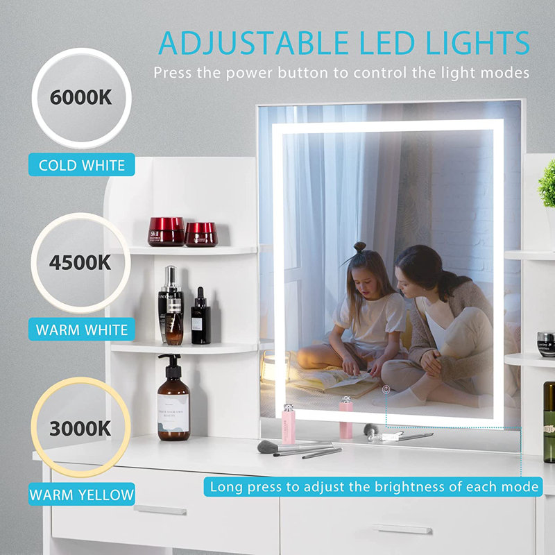 Ebern Designs Decorian Makeup Vanity Table Set With 3-colour Dimmable ...