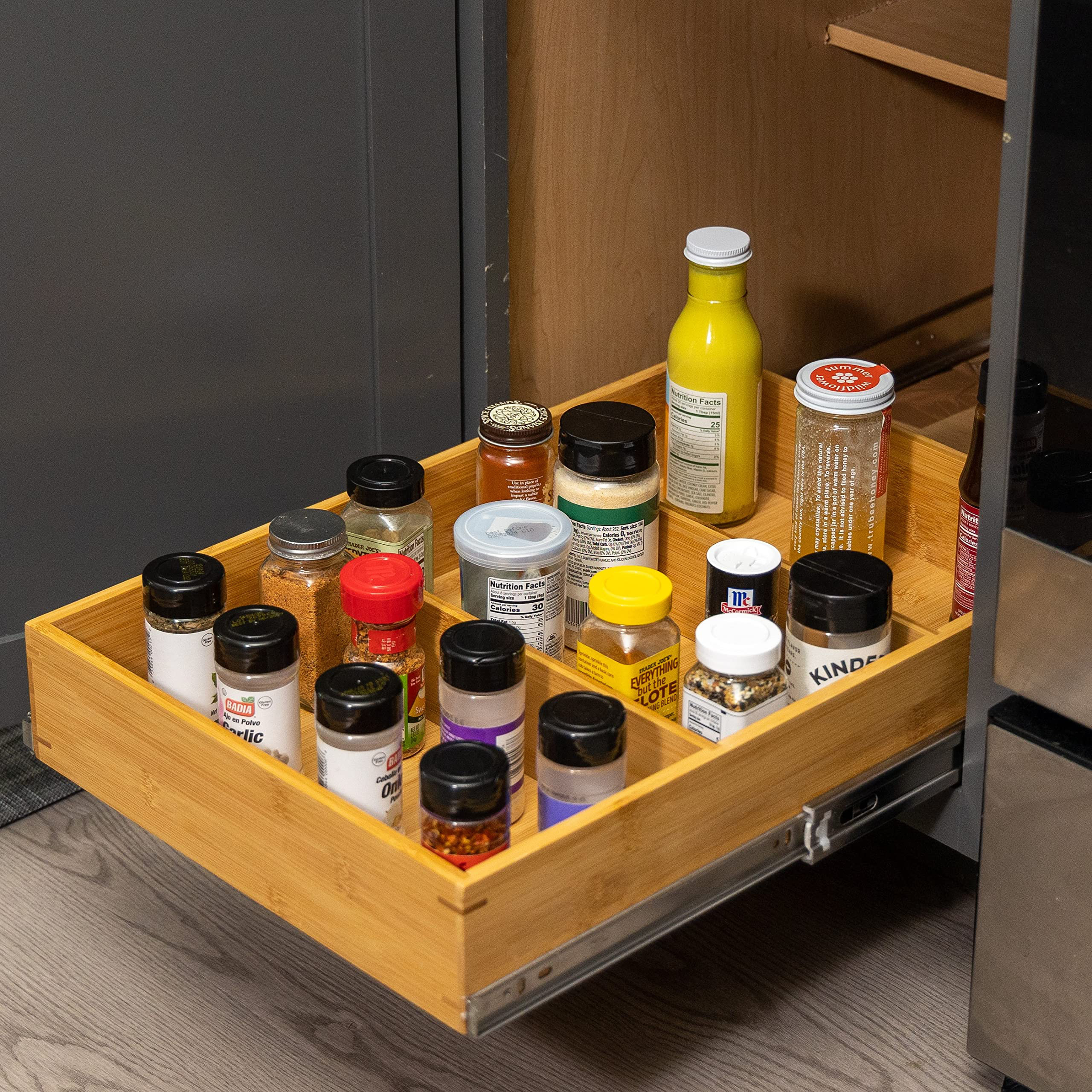 Latitude Run® Pull Out Cabinet Drawer Organizer, Sliding Bamboo Wood ...