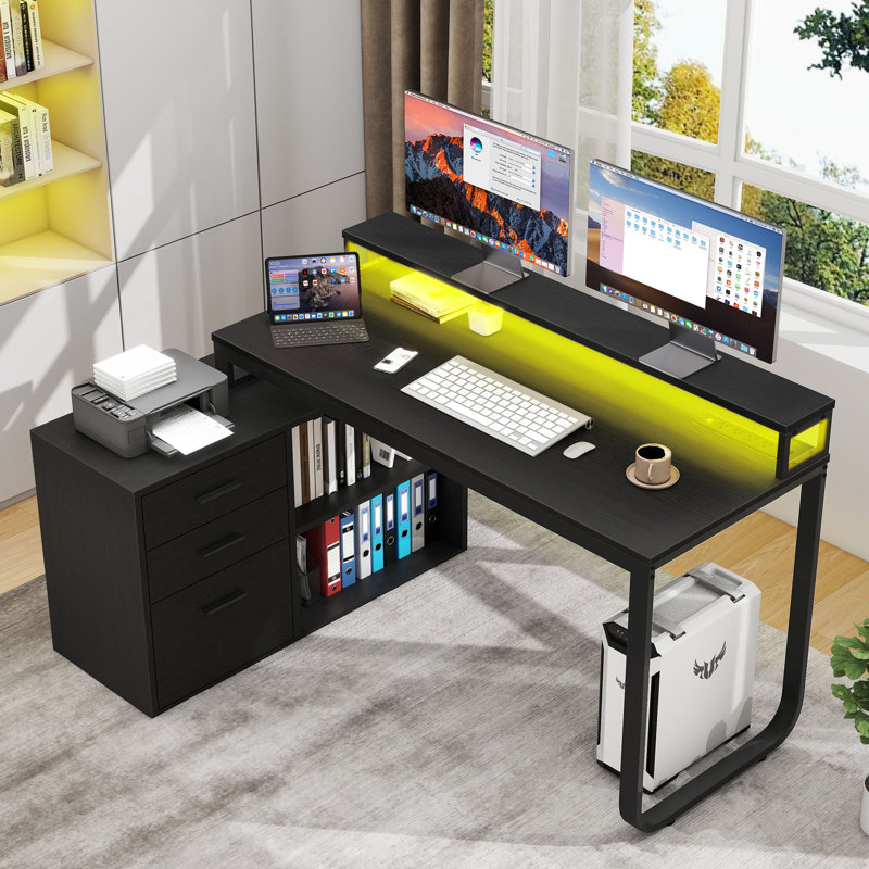 Wrought Studio™ 55'' L-Shape Computer Desk With LED Lights, Power ...