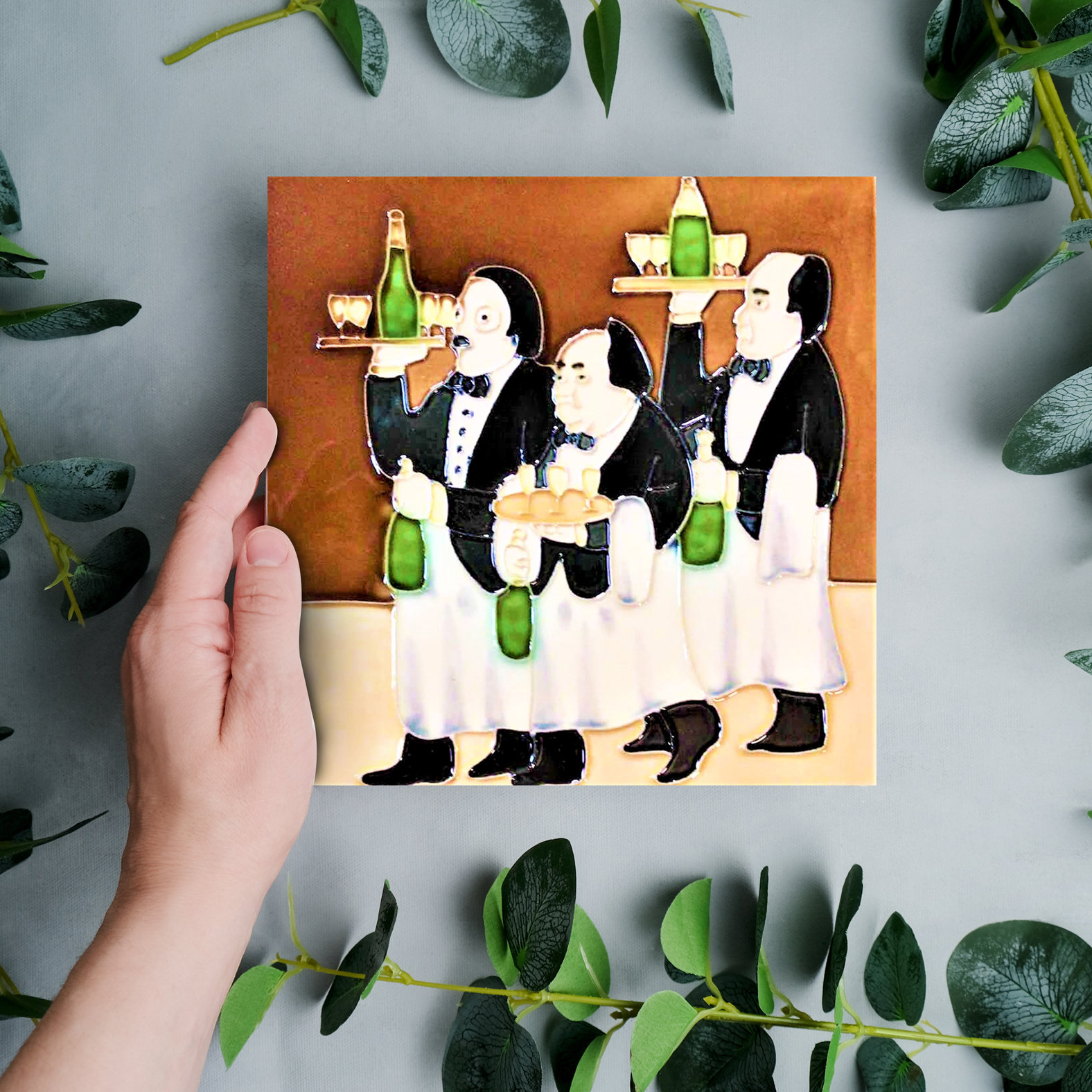 Continental Art Center 8x8" Three Waiters Serving Wine - Ceramic Art ...