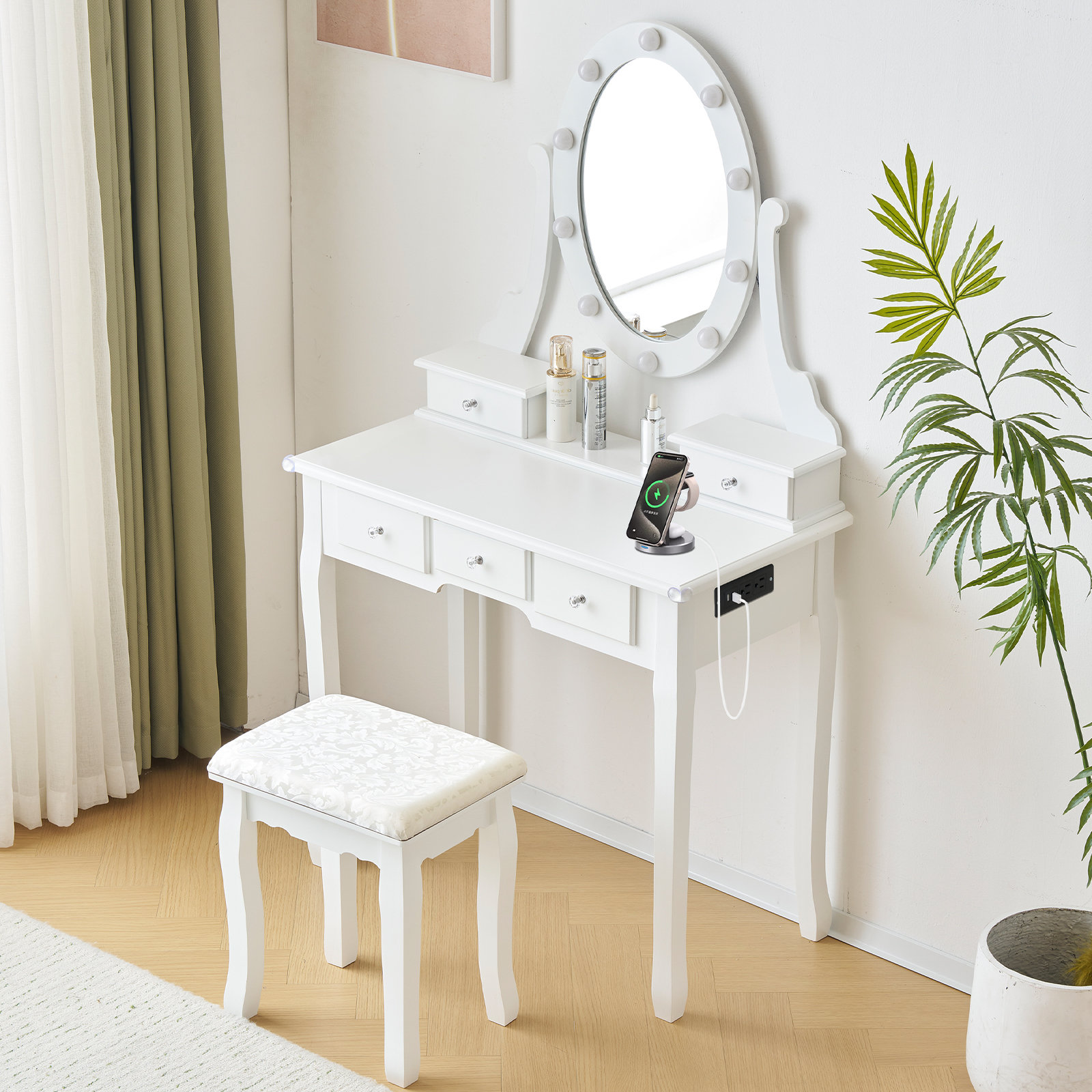 Winston Porter White Dressing Table Set With USB | Wayfair
