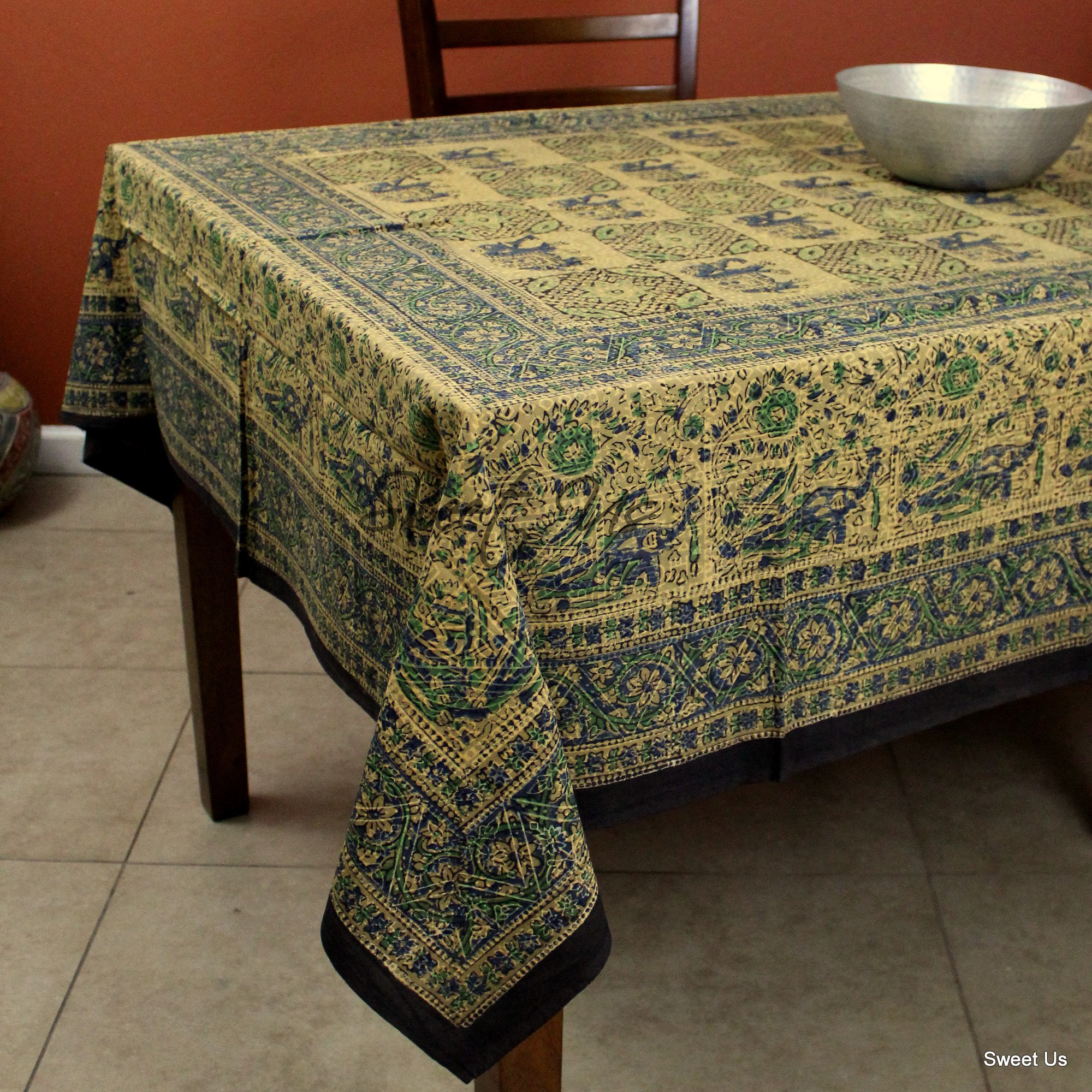 Sweet Us Block Print Elephant Batik Cotton Floral Tablecloth Rectangle ...