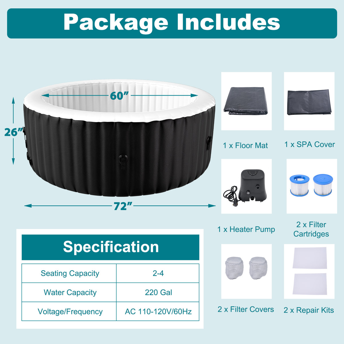 ShangQuan WuLiu CQYG Hot Tub - Portable Inflatable Hot Tub, 2-6 Person ...