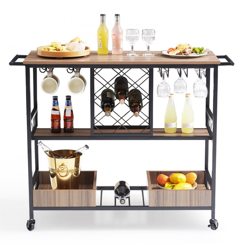 17 Stories 3-Tier Bar Serving Cart Rolling Trolley with Wine Grid Glass ...