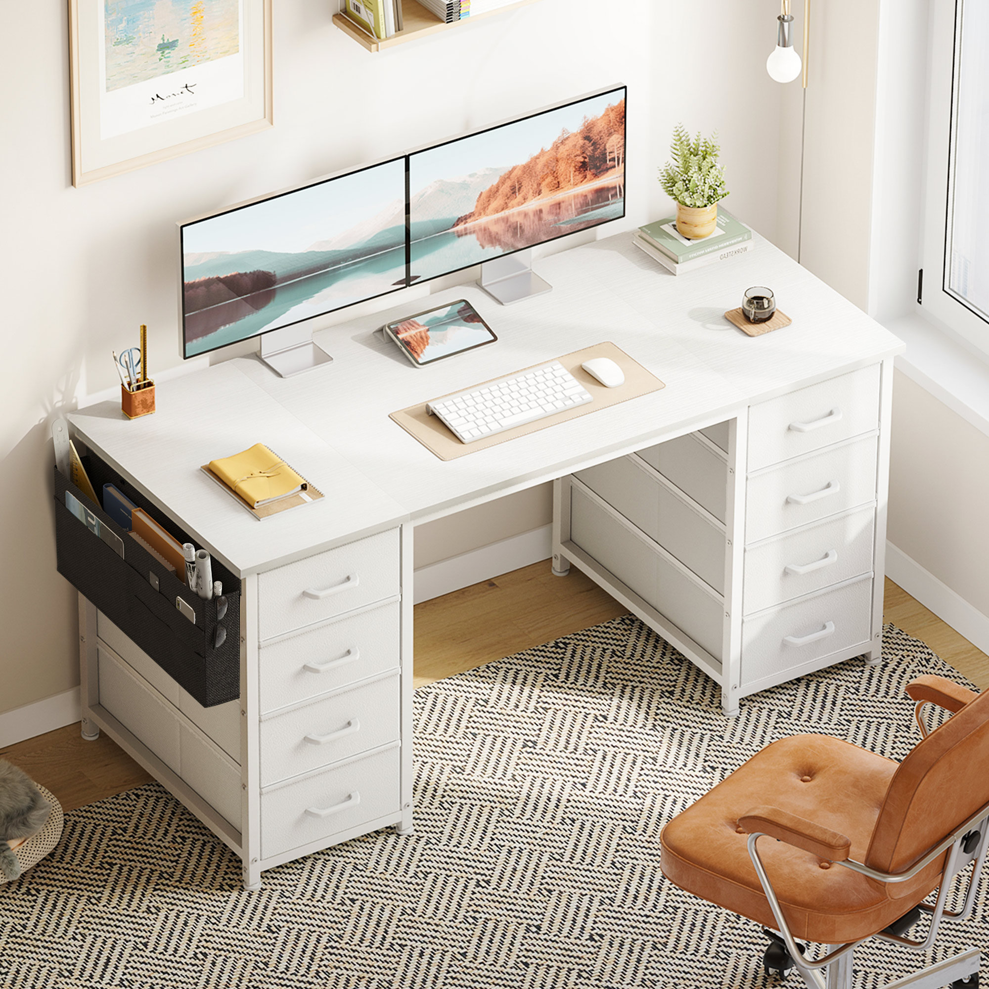 Ebern Designs Home Office Desk With 8 Spacious Drawers, Modern Writing ...
