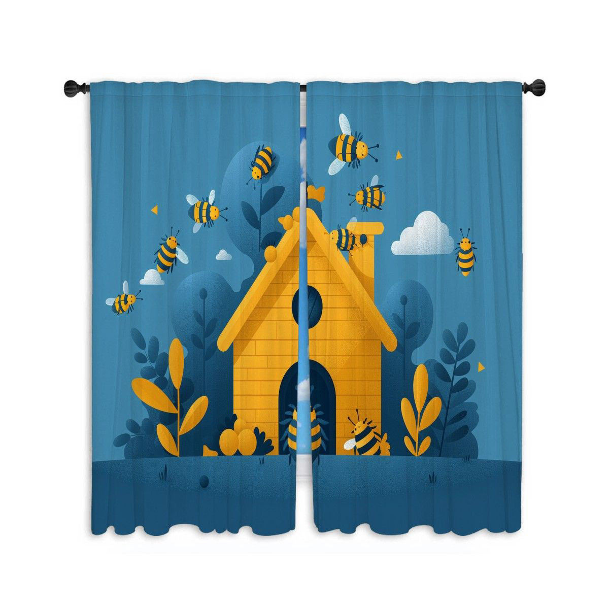 VisionDecor 11939_Bee House Window Curtains Insects Animated Scene ...