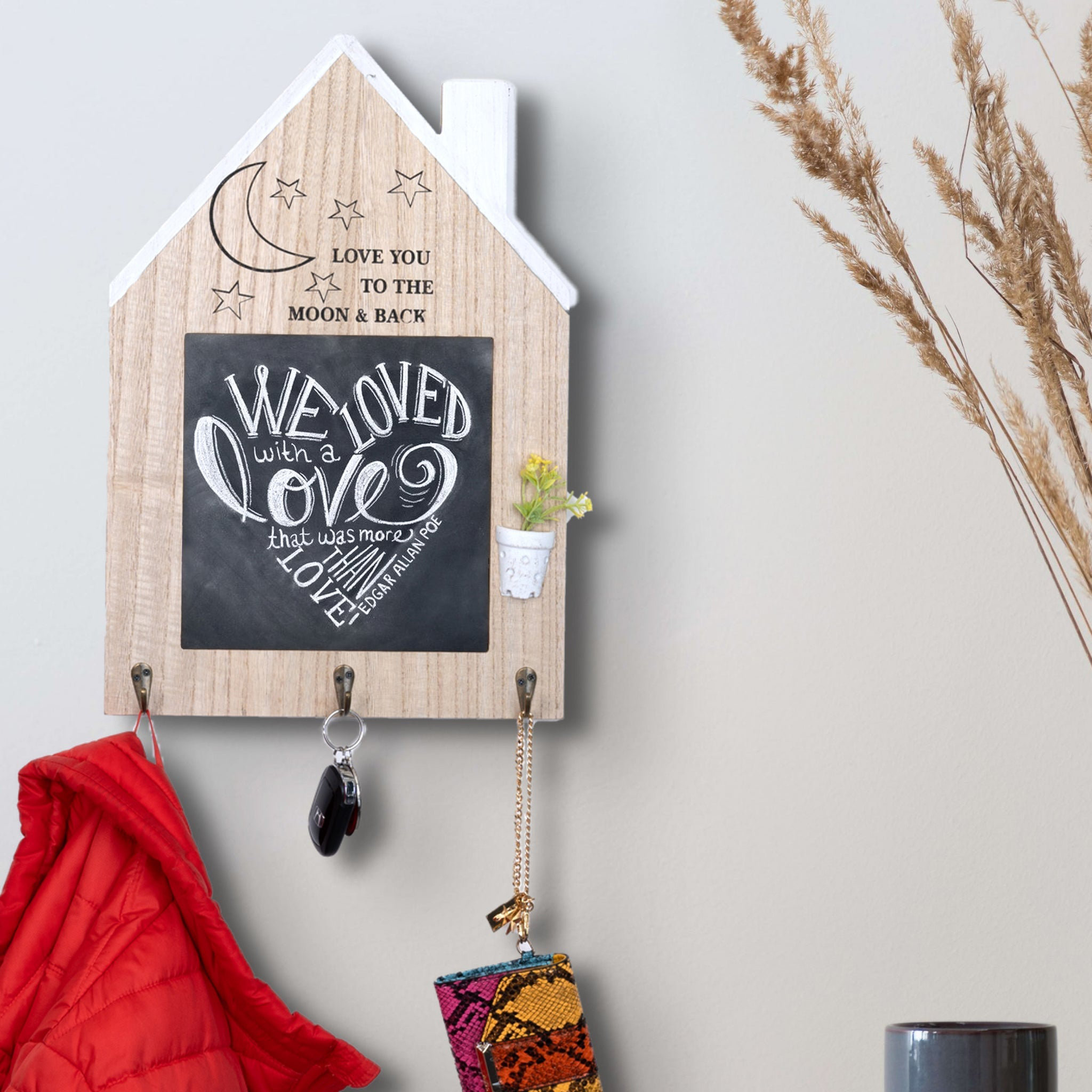 Trinx Joneer Brown & Black Wooden Key Holder With Blackboard & Hooks ...