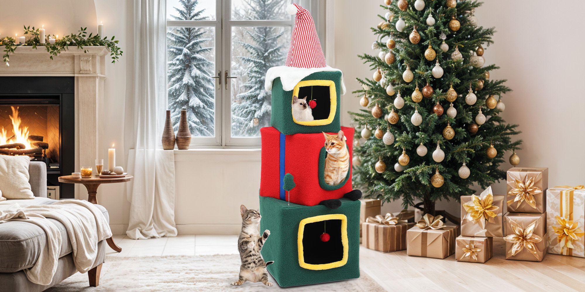 Archie & Oscar™ Festive Christmas Cat Tree with Cozy Cat Condos and ...