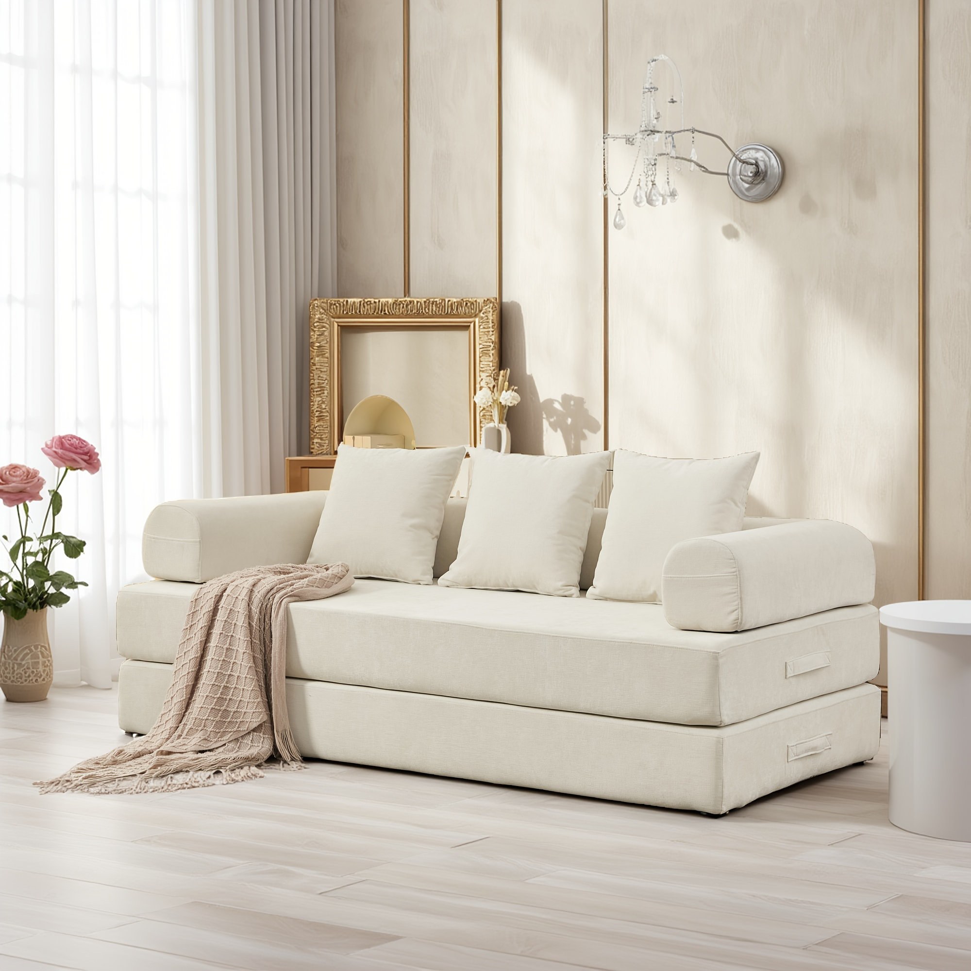 Hokku Designs Beige Comfy Convertible Folding Mattress Couch – Chenille ...