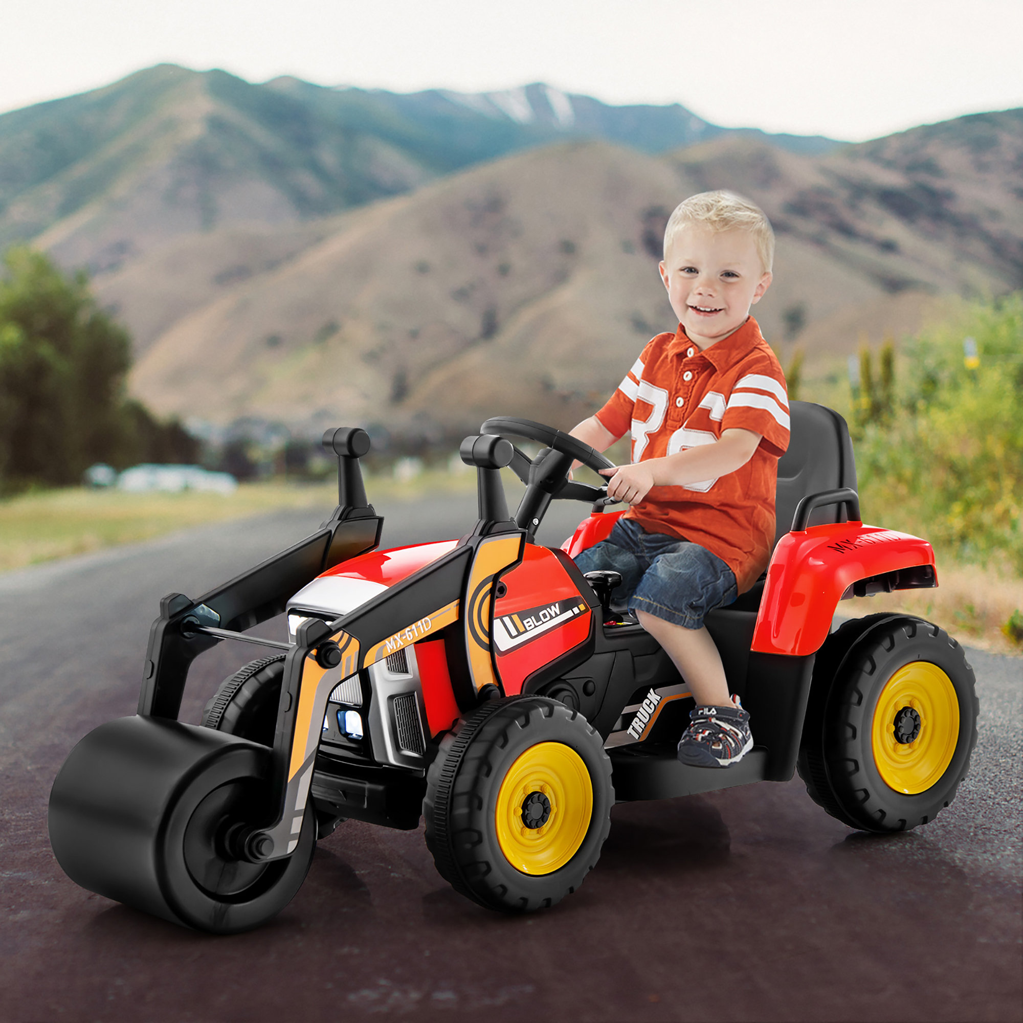 Costway Kids Ride on Road Roller Electric Tractor Remote with Music and ...