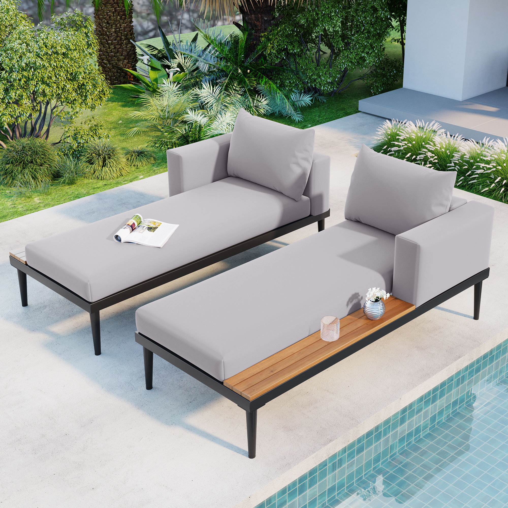 Latitude Run® Modern Outdoor Daybed Patio Metal Daybed with Wood Topped ...