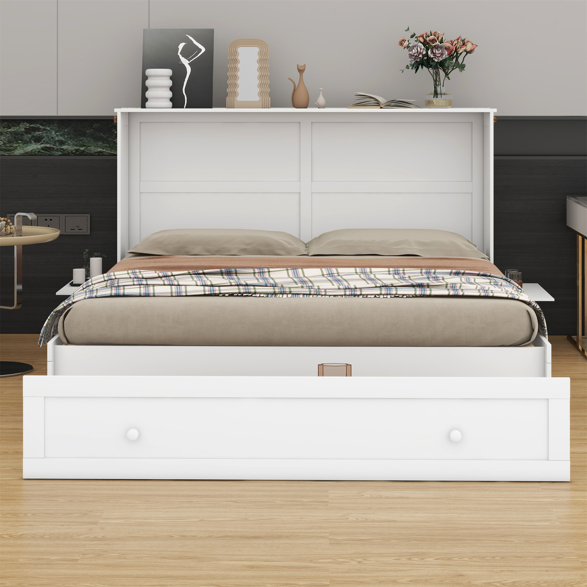 Latitude Run® Murphy Bed With Drawer And Little Shelves On Each Side ...