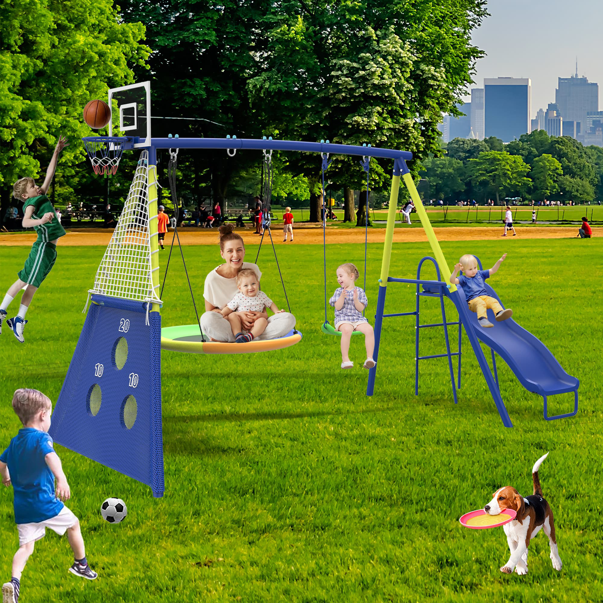 SUMIJ Heavy-Duty Metal Swing Set for Kids 5 in 1 with Slide, Saucer ...