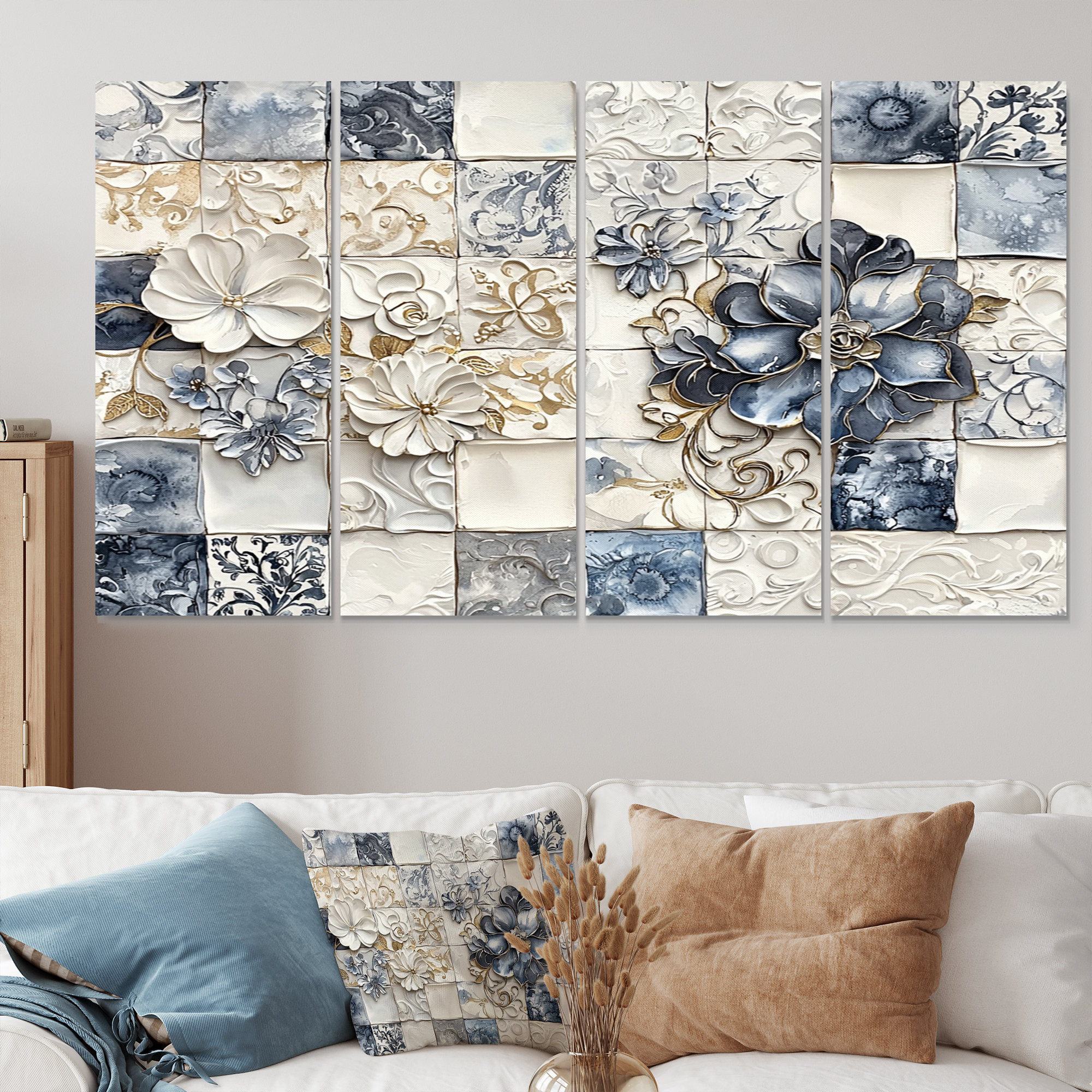 Winston Porter White And Blue Floral Abstract Tiles III - Boho Tiles ...