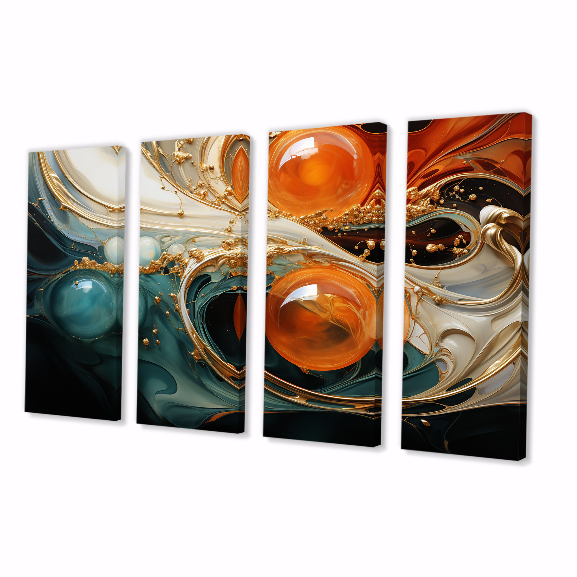 Mercer41 Orange And Gold Planet Waves II - Abstract Painting 4 Piece ...