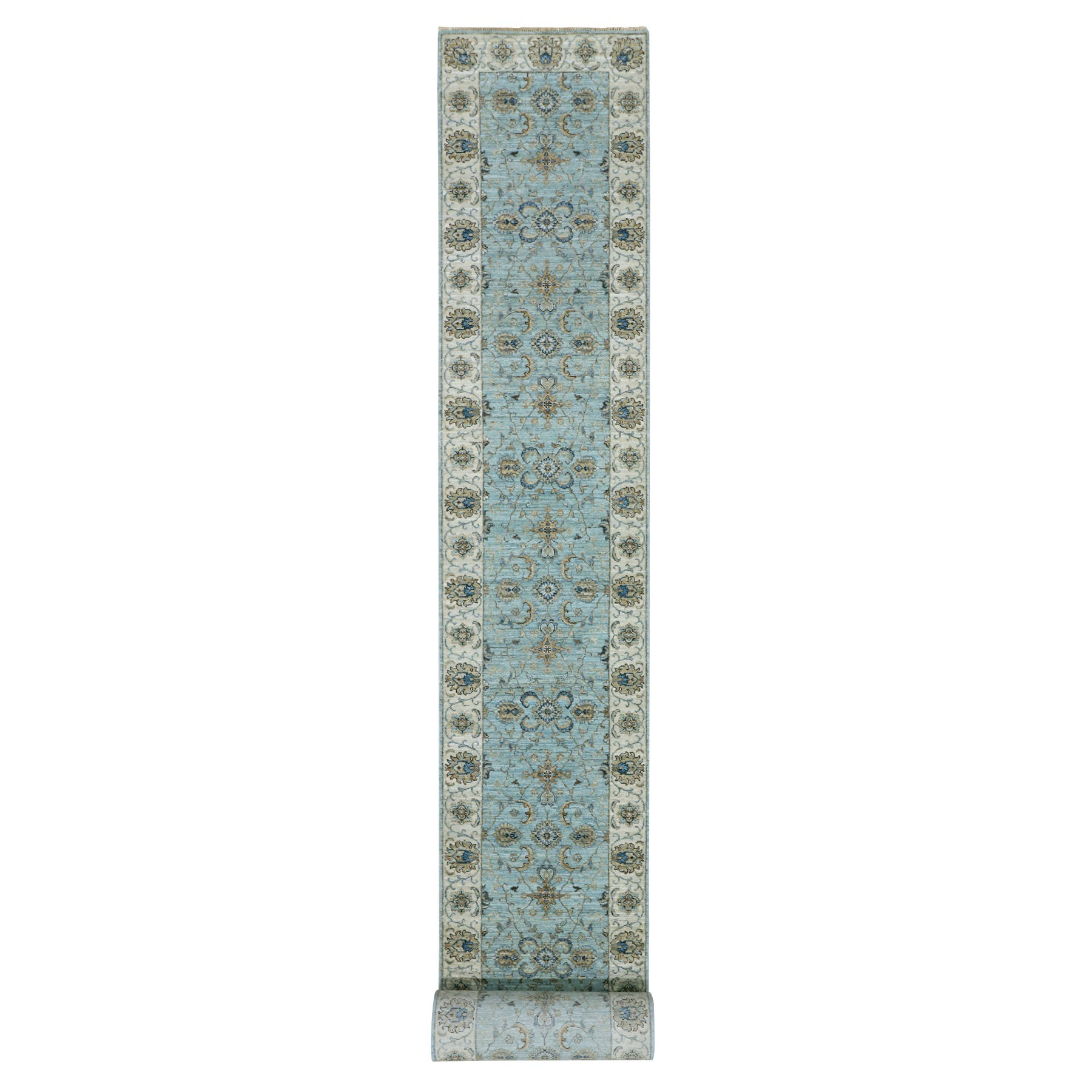 Isabelline 2'6" x 25'8" Cerulean Blue Pure Wool Hand Knotted Shah Abbas ...