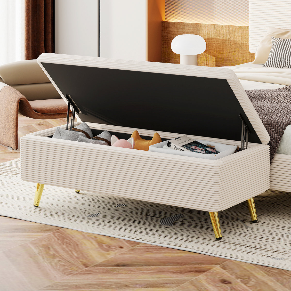 Mercer41 Derrald Upholstered Ottoman, Storage Bench with Metal Legs ...