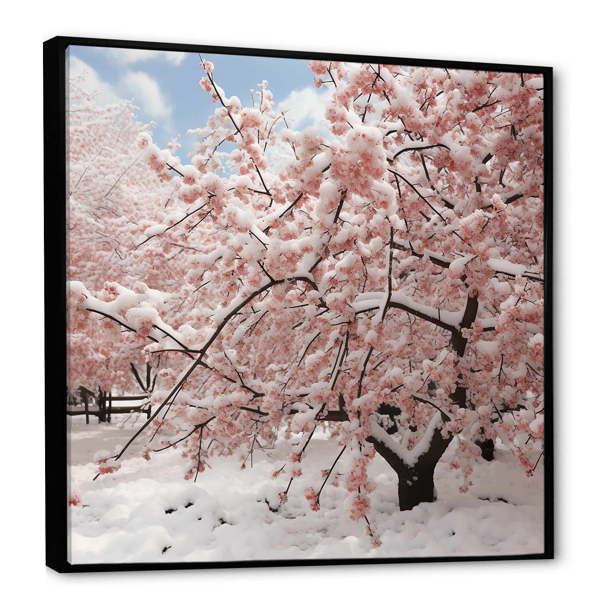 Ebern Designs Winter Snow On Pink Cherry Blossoms Tree - Cherry Blossom ...
