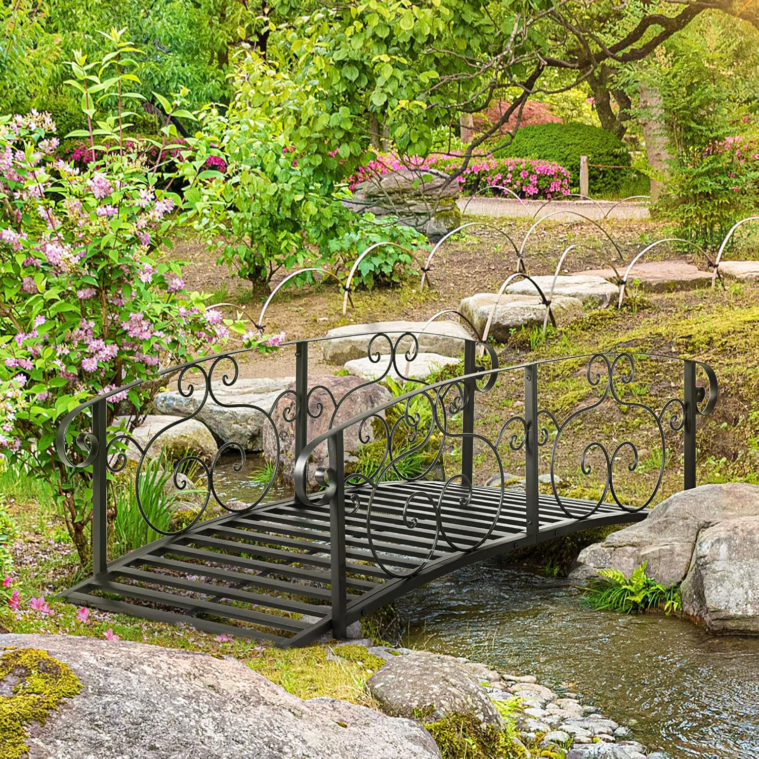 INKEDZ 6' Metal Arch Backyard Garden Bridge, Safety Siderails, Arc ...