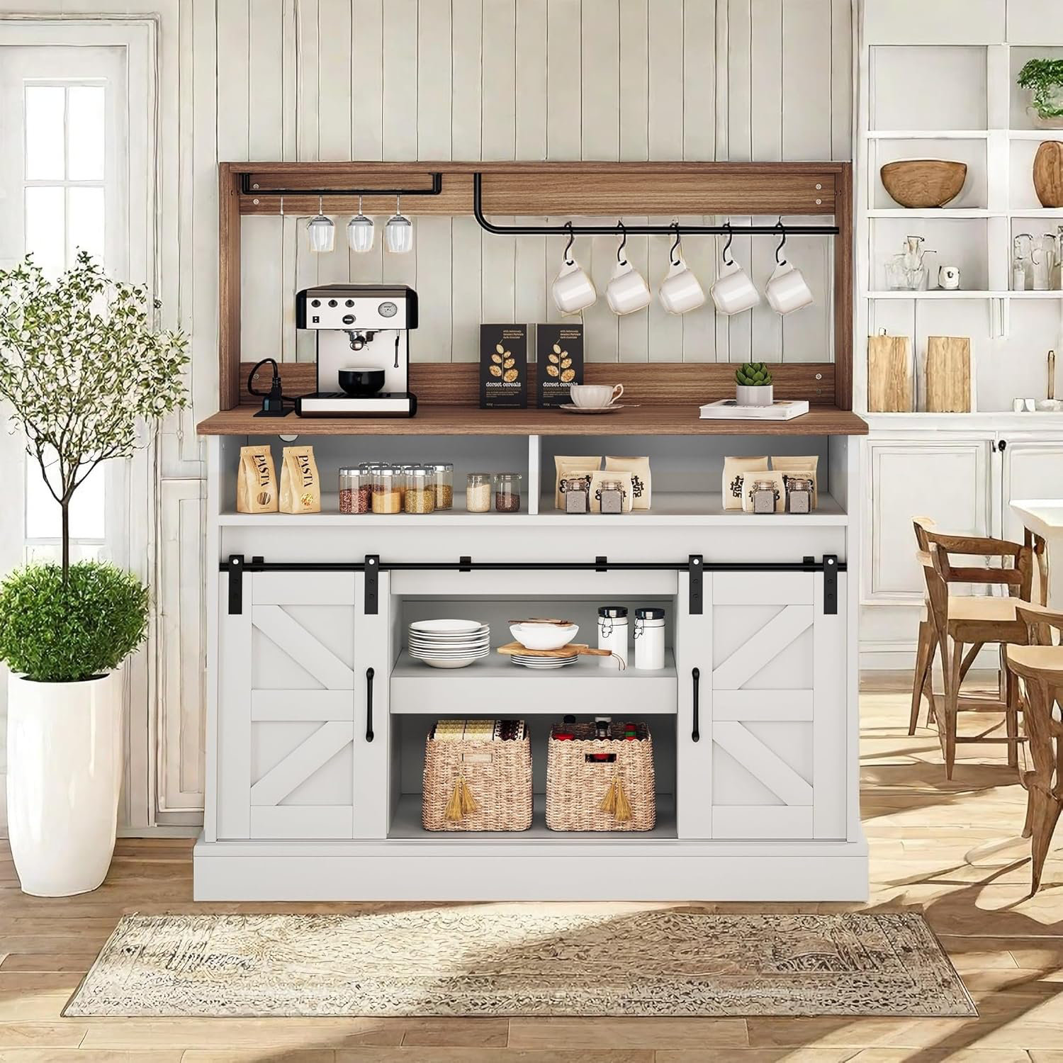 Gracie Oaks Buffet Farmhouse avec rangement 47 "Bar avec porte-gobelet ...