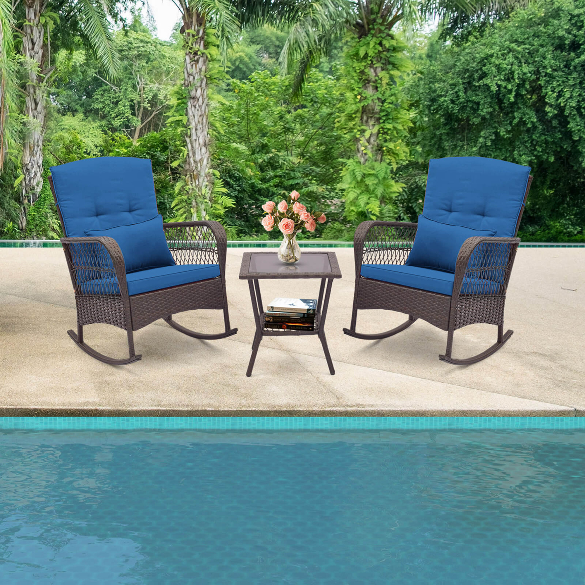 Lark Manor™ 3 Pcs Patio Rocker Set Outdoor Wicker Rocking Chairs With ...