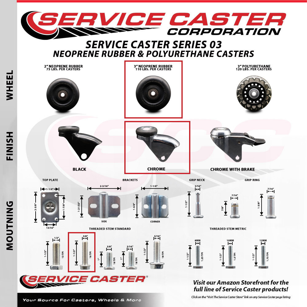 Service Caster 3 Inch Bright Chrome Hooded Neoprene Rubber 3/8 Inch ...