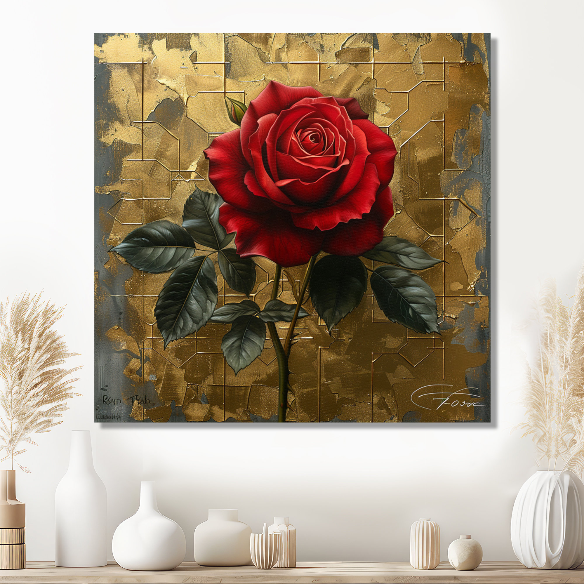 Winston Porter Red Rose Geometric Vintage Gold I - Rose Wall Art Living ...