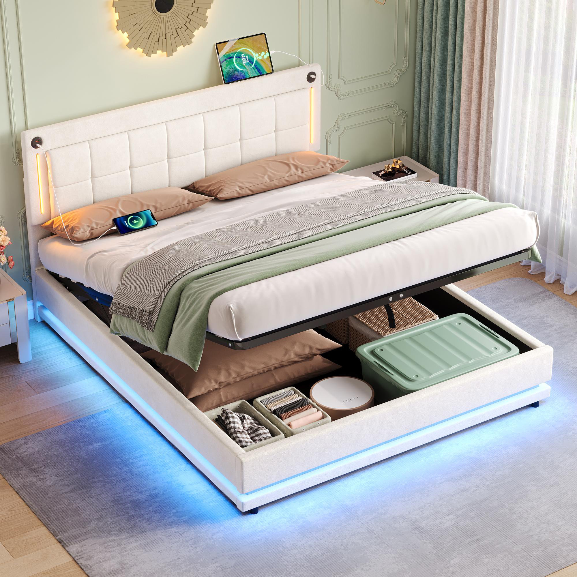 Ivy Bronx Upholstered Double Storage Bed Beige | Wayfair.co.uk