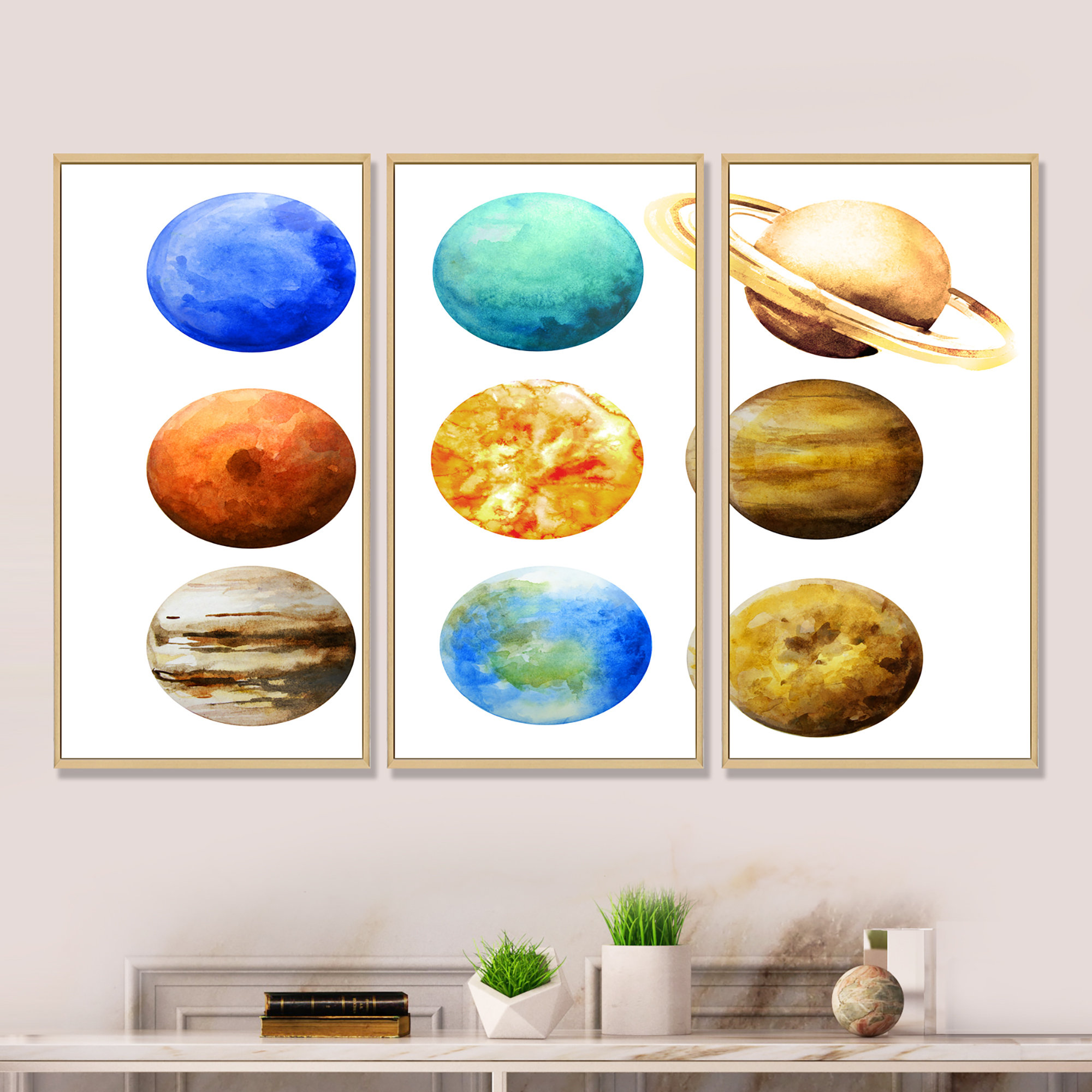 Design Art Various Planets In Orbit - Modern Framed Canvas Wall Art Set ...