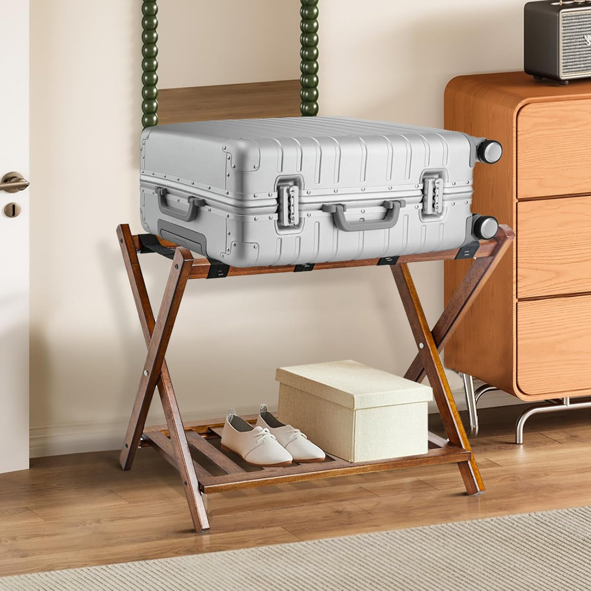 ZFFURN Folding Wood Luggage Rack with Shelf | Wayfair