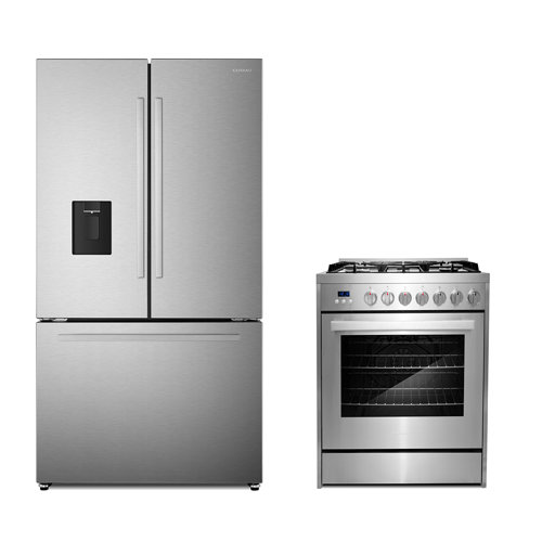 Cosmo 2 Piece Kitchen Appliance Package with French Door Refrigerator , 30'' Gas Freestanding ...