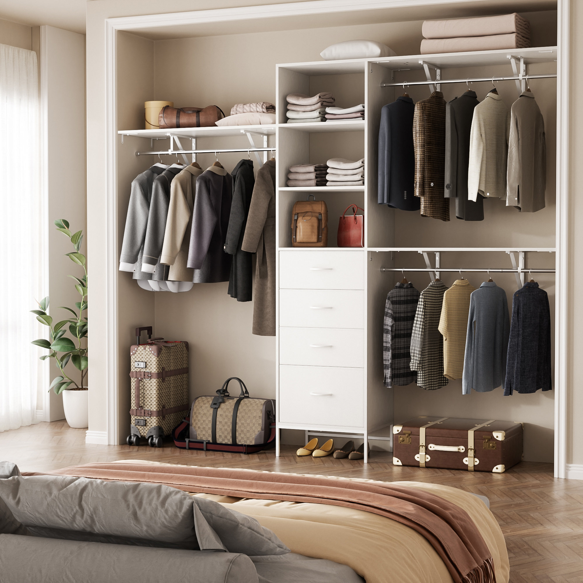 Rebrilliant 96" W Customizable Wooden Closet System with 4 Fabric ...