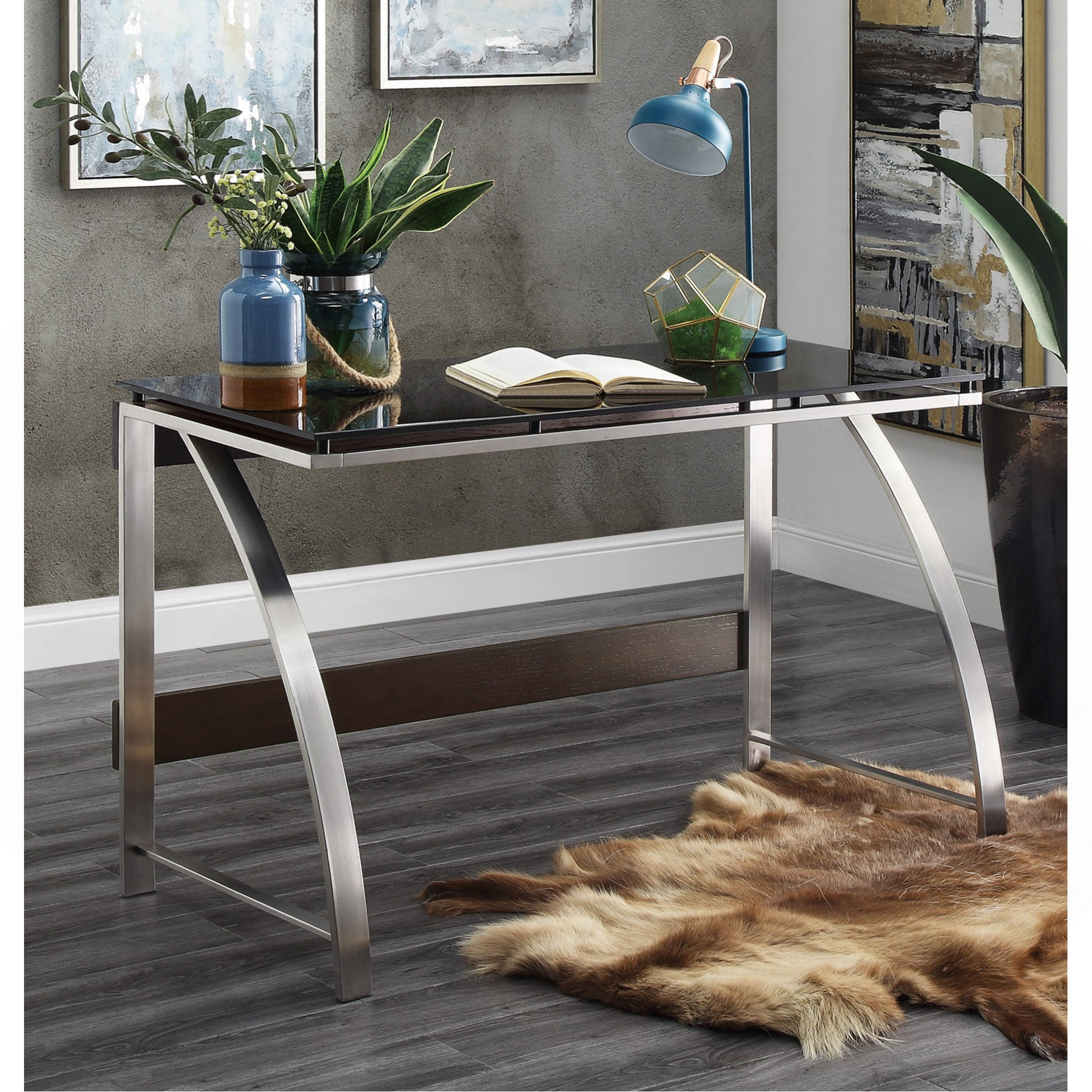 Brayden Studio Modern Design Writing Desk Glass Top Stainless Steel ...