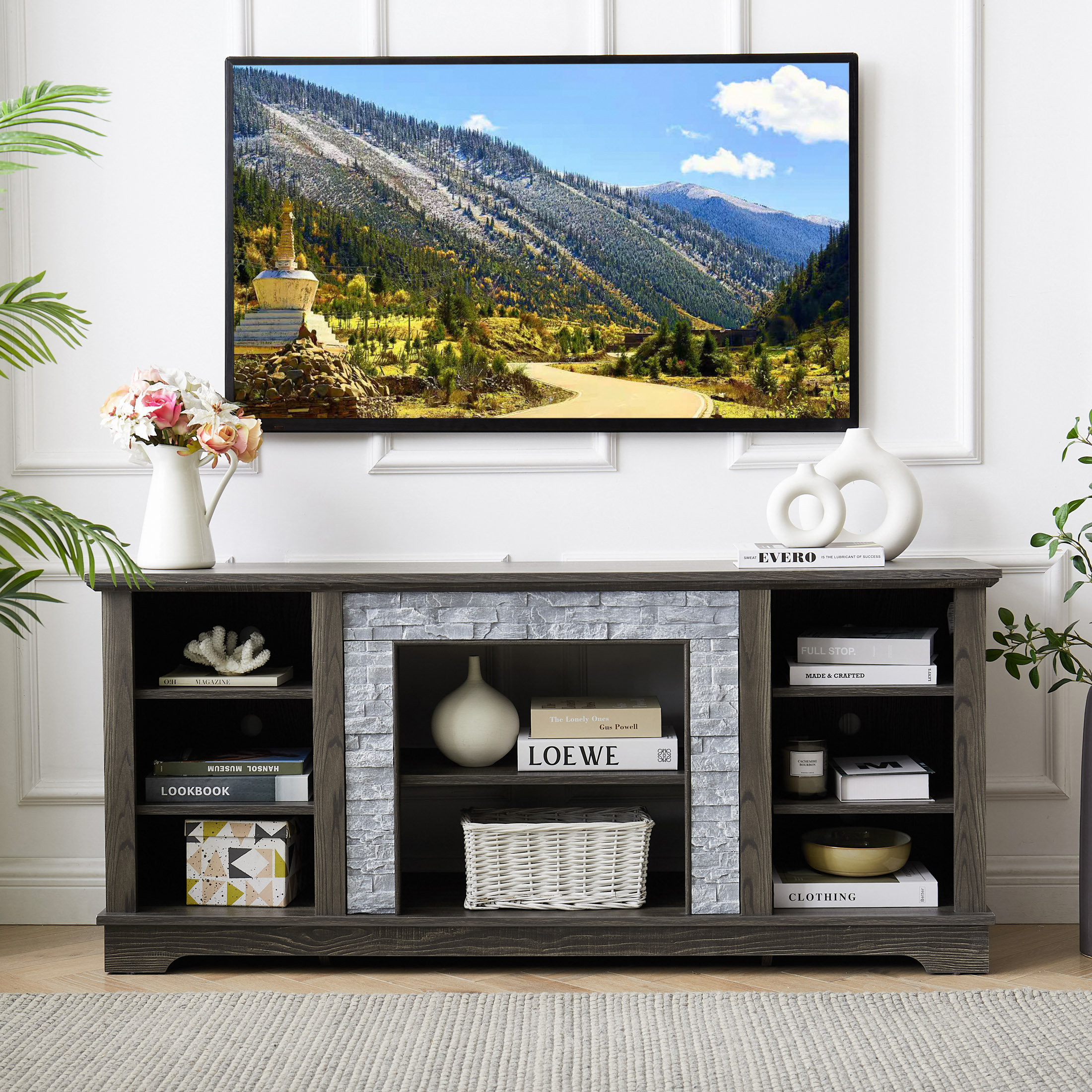 weixunguang Mantel Stone TV Media Stand With With Faux Stacked Stone ...