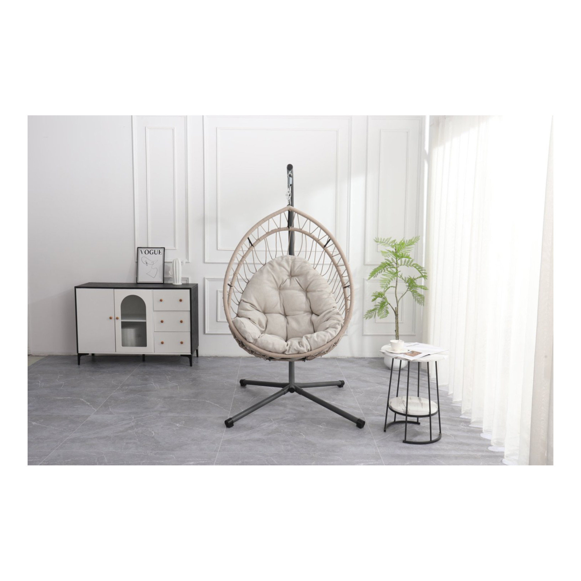 17 Stories Outdoor egg-shaped hanging chair with stand, patio wicker swing egg-shaped chair ...