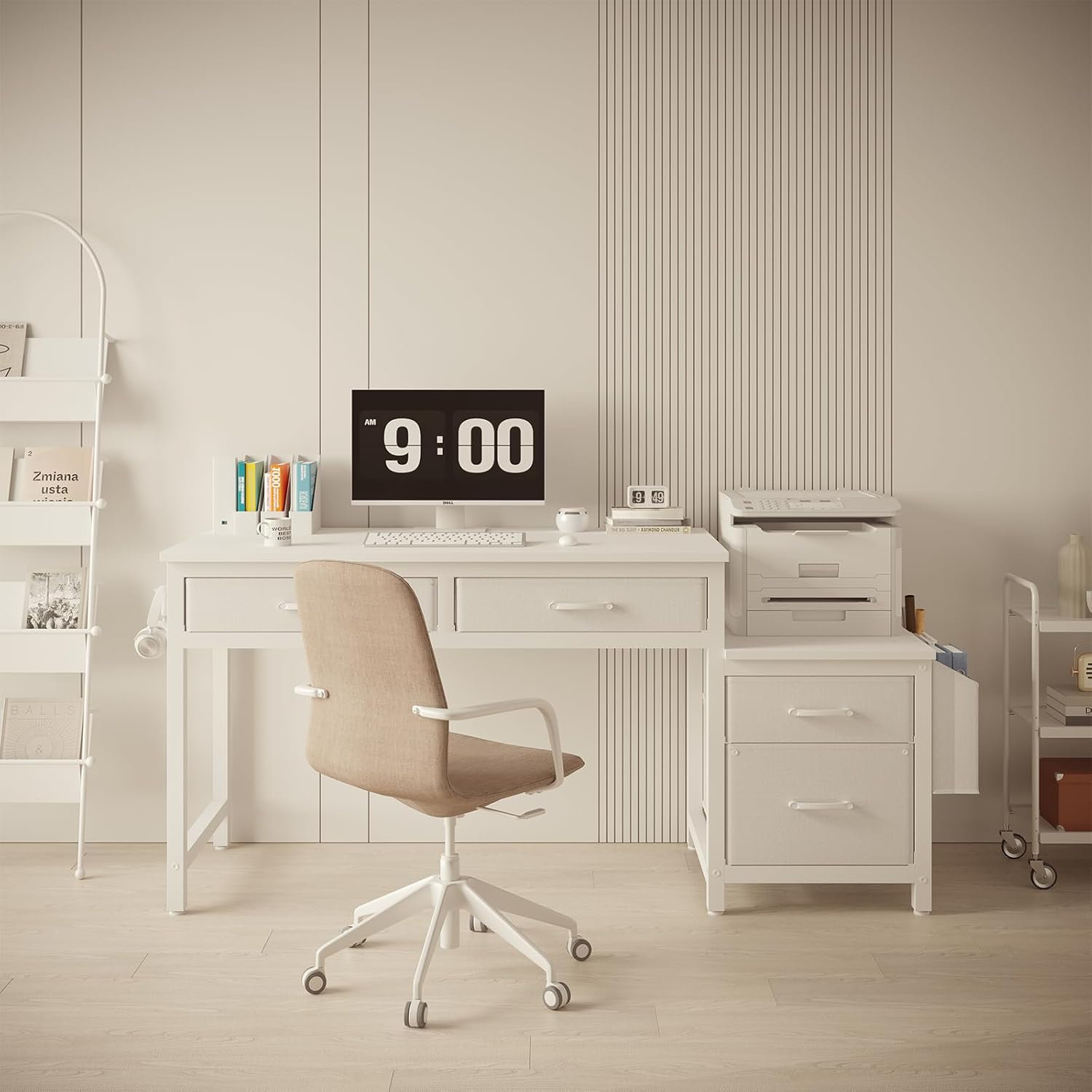 Ebern Designs White Computer Desk With Fabric File Drawers Cabinet, 57 ...