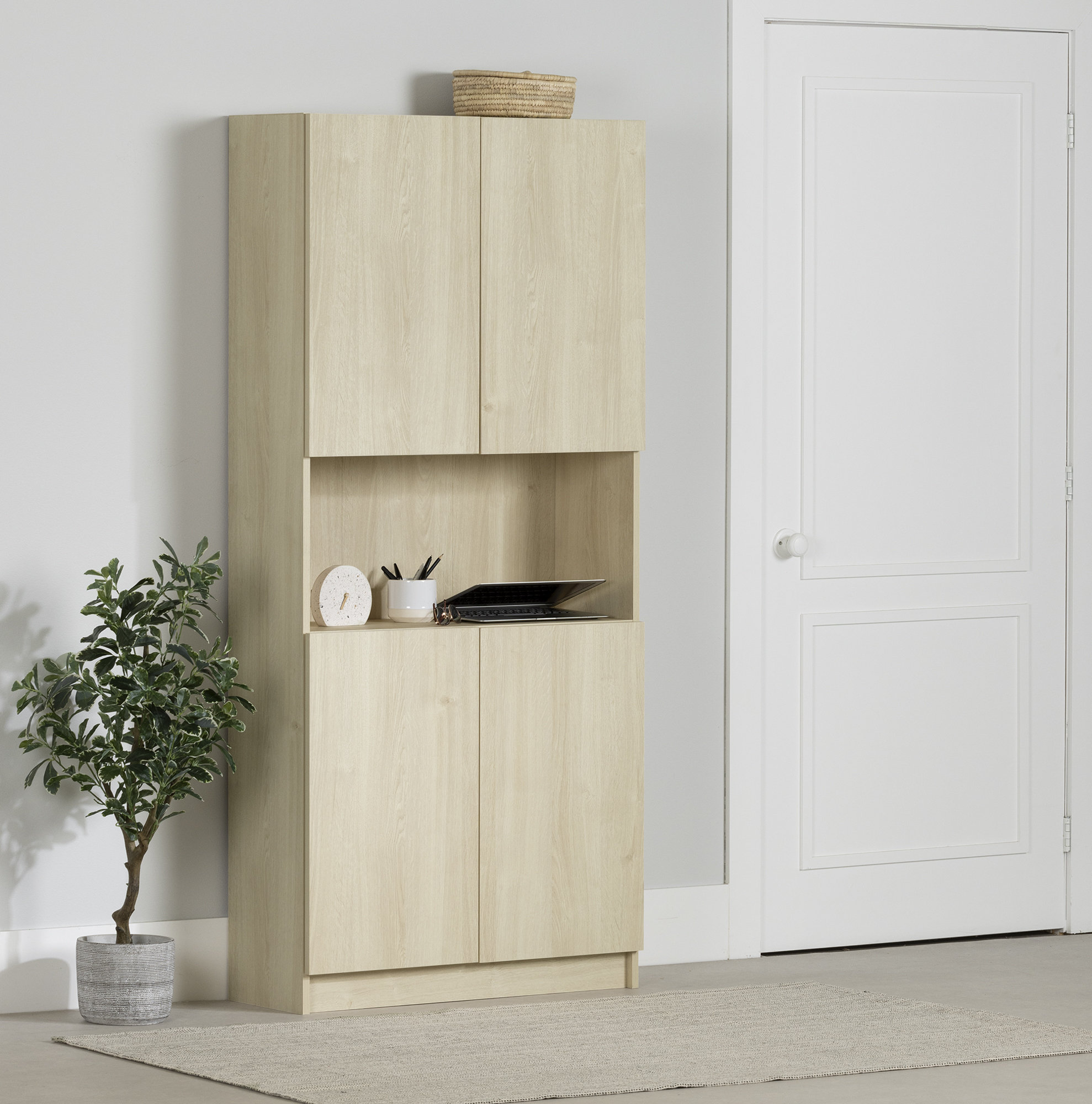 South Shore Olea Wide 4-Door Bookcase With Open Storage | Wayfair