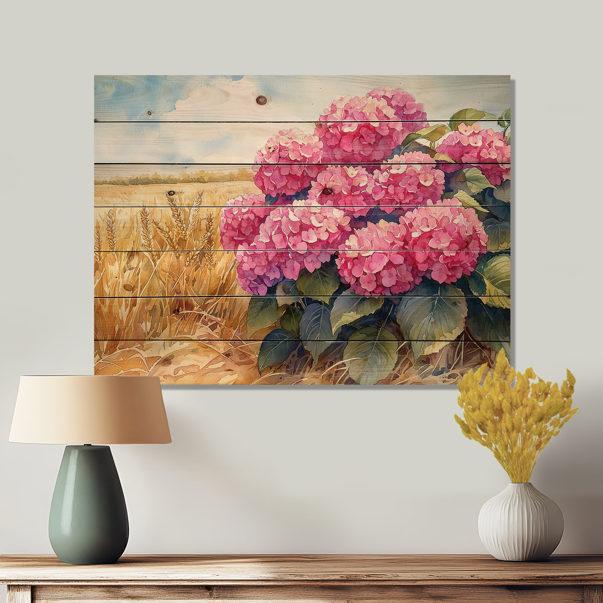Ophelia & Co. Hydrangeas In The Grain Field I - Hydrangea Wood Wall Art ...