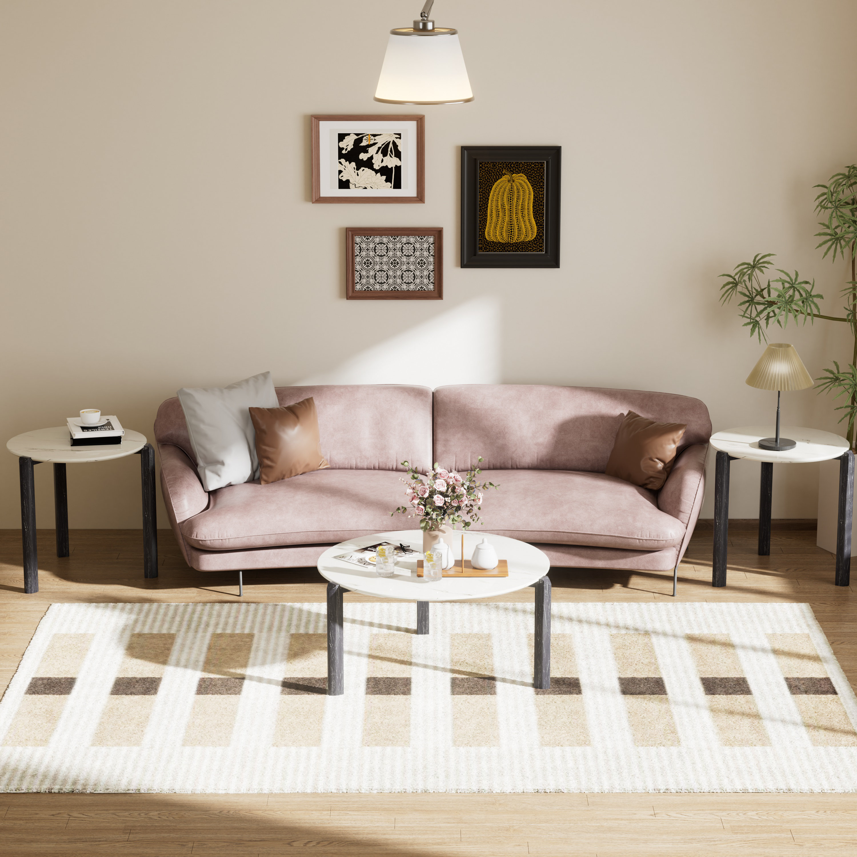 Masoul 3-Piece Round Living Room Table Set, A Coffee Table With 2 End ...