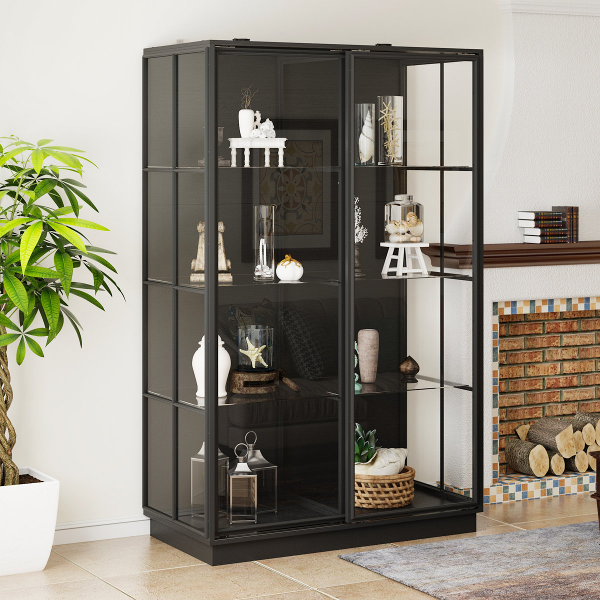 Latitude Run® 74.8" H Black Glass Sliding Door Display Cabinet With Two ...