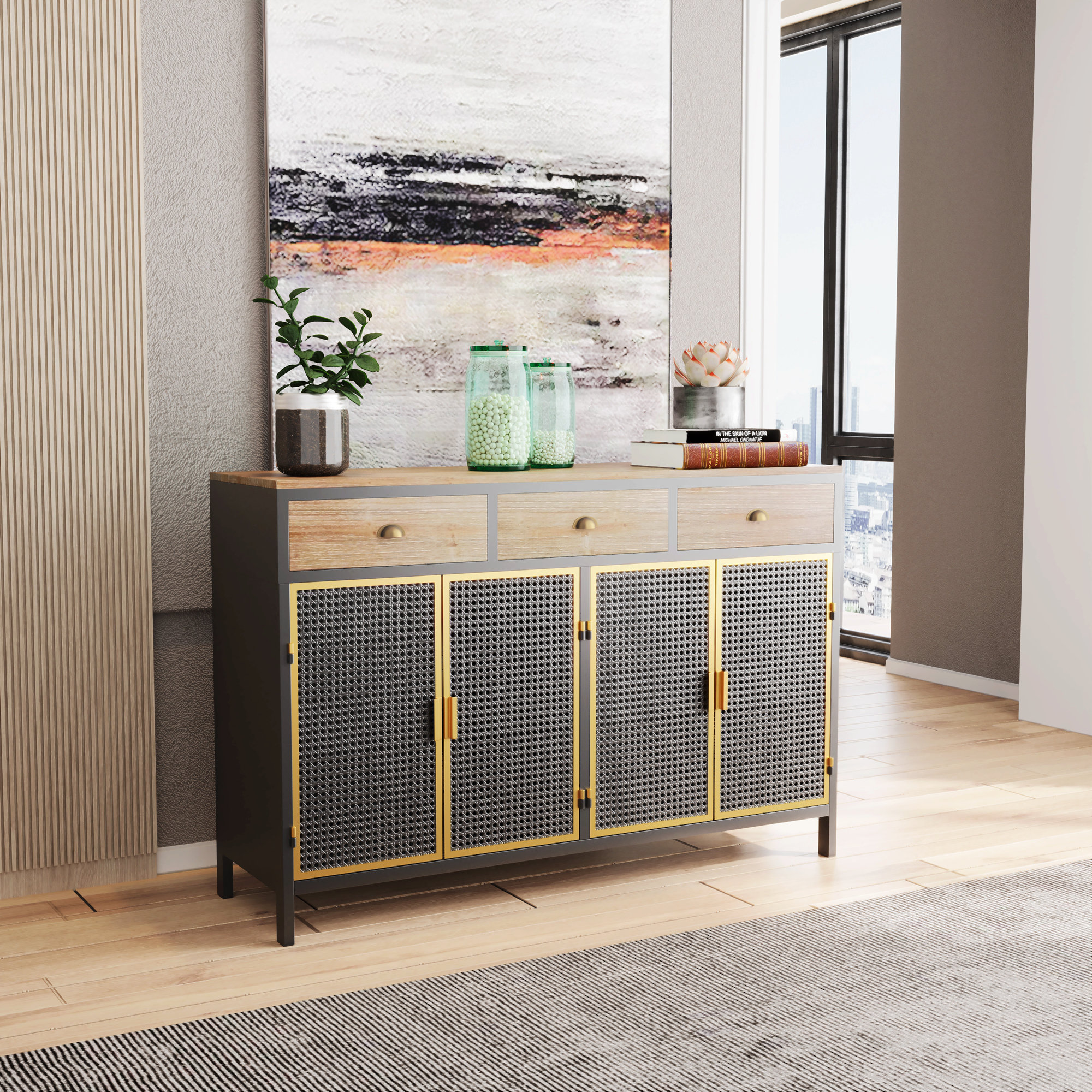 17 Stories Talen 48" Console Table,4 Doors Modern Sideboard with 3 Top ...