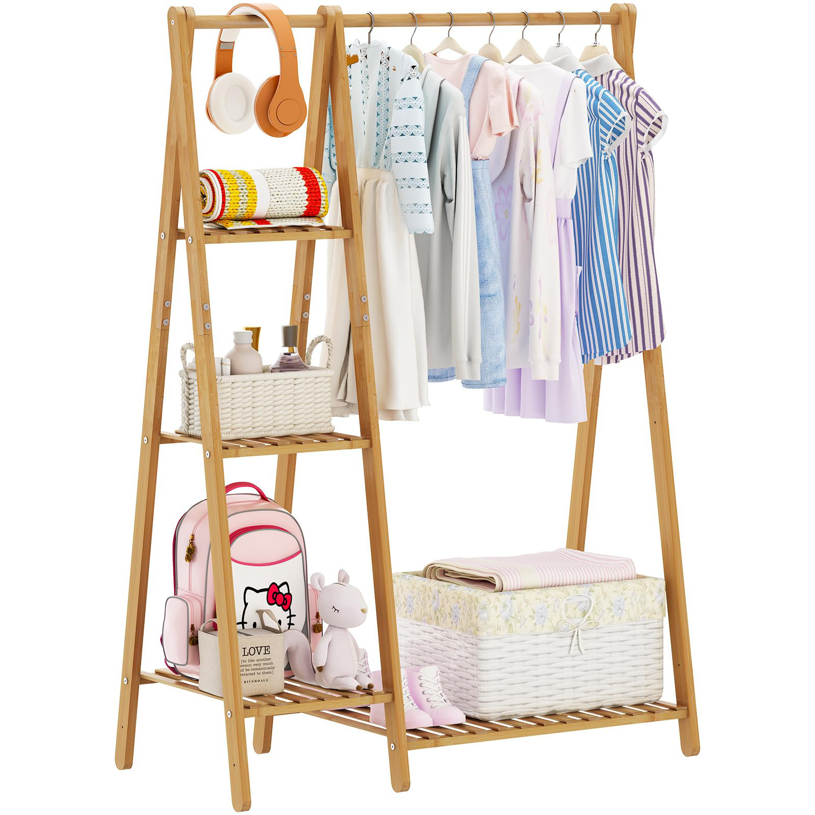 Rebrilliant Baby Bamboo Wood Clothing Garment Rack With Shelves, Free ...