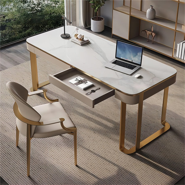 DECADANZ Beige Rectangular Sintered Stone Writing Desk,2-drawer | Wayfair