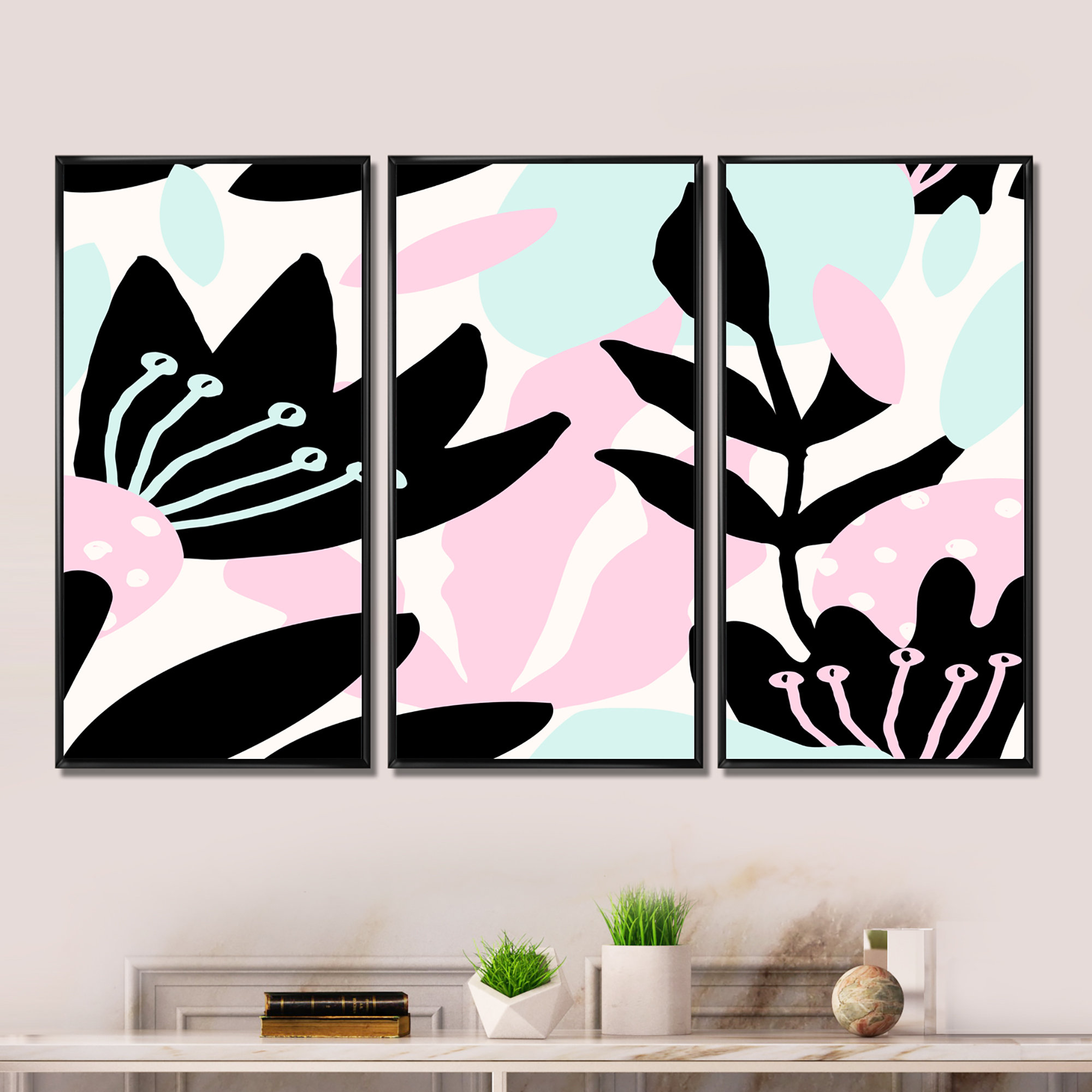 Winston Porter Black and Pastel Flowers - 3 Piece Floater Frame Print ...