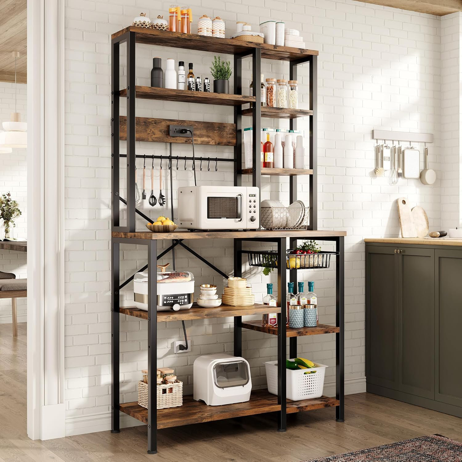 17 Stories Kitchen Bakers Rack with Storage, 6-Tier Coffee Bar Station ...