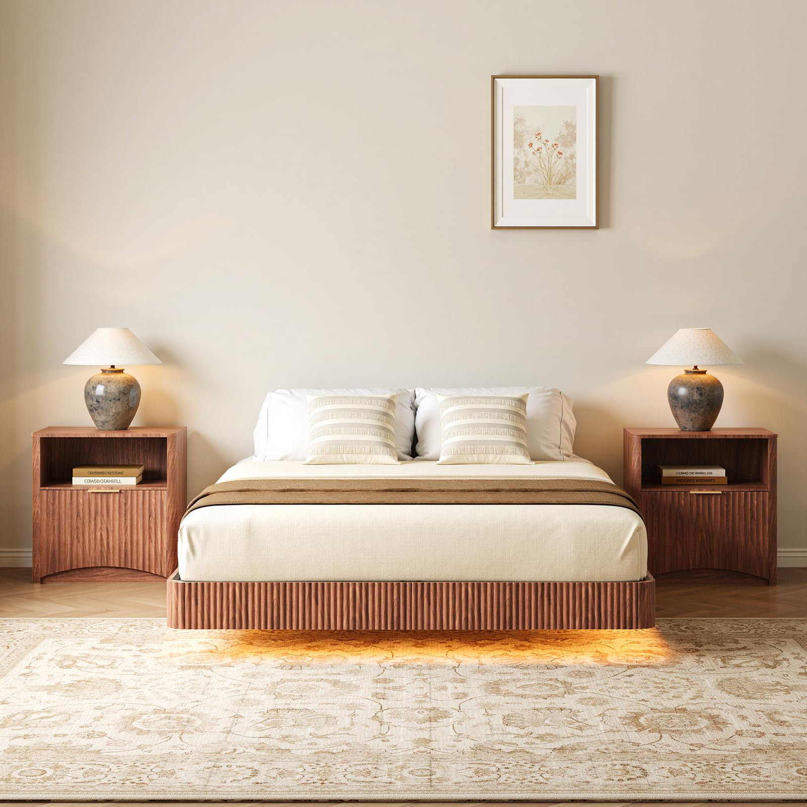 Ivy Bronx Queen Floating Bed Frame With Led Lights, Modern Fluted ...