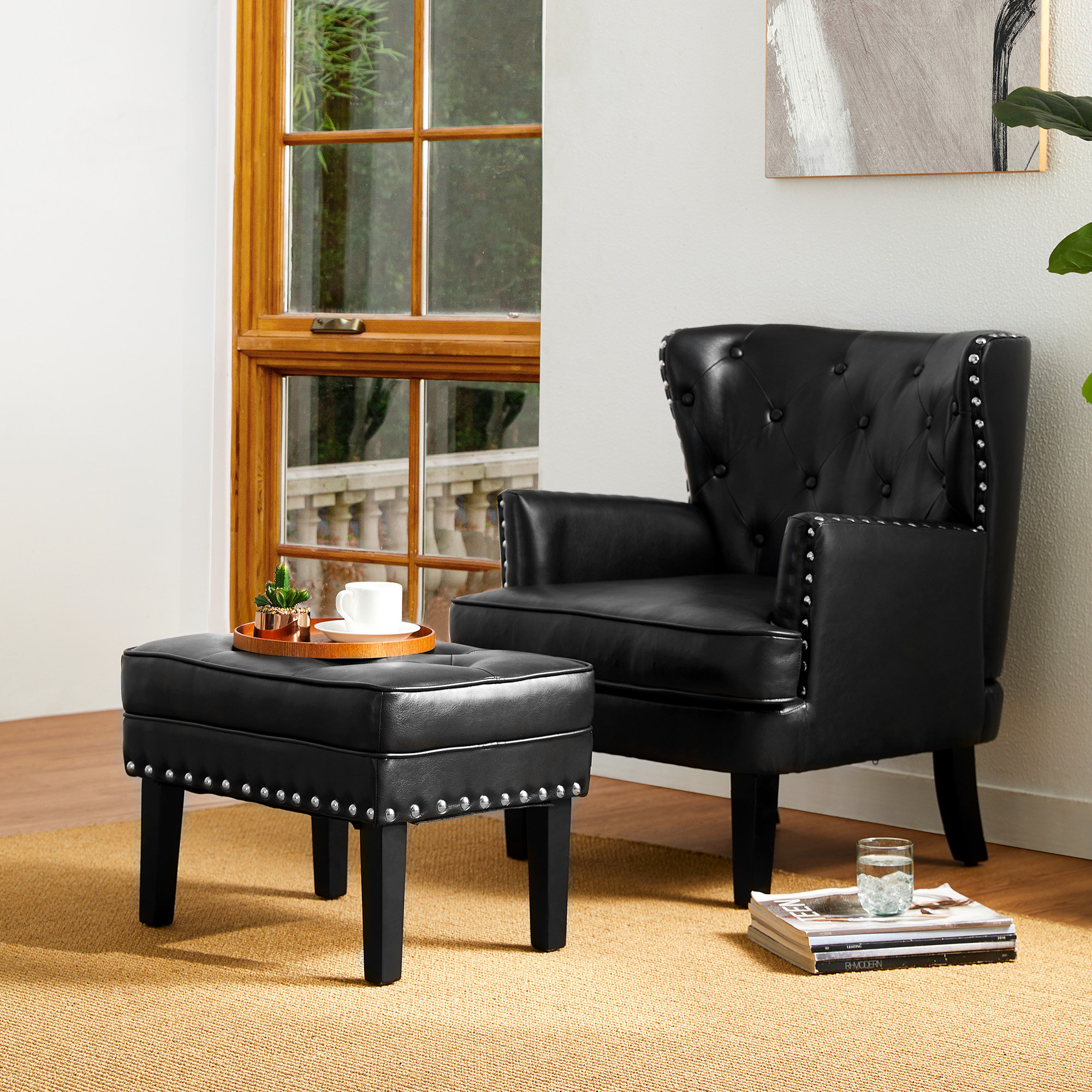 Glitzhome Vegan Leather Armchair and Ottoman Set & Reviews | Wayfair