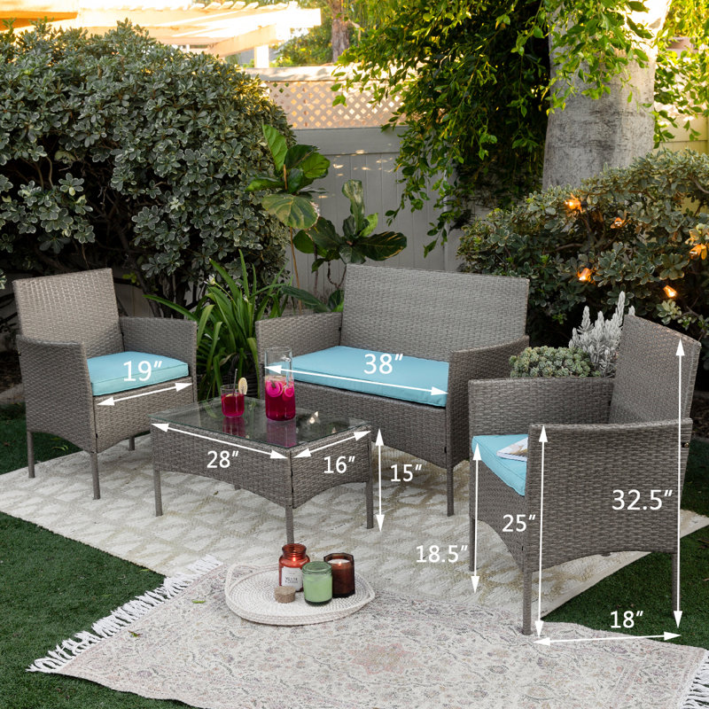 Lark Manor Alyonna Gardens 4 Piece Wicker Patio Set W/ Glass Top Table ...